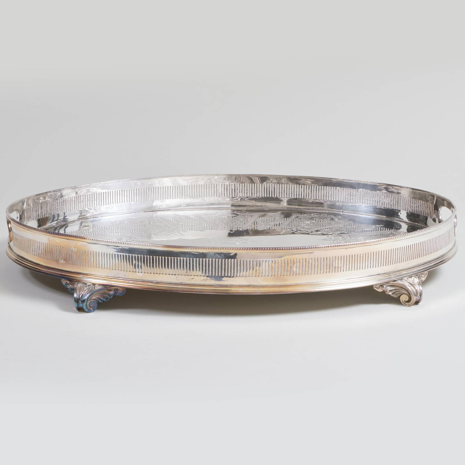 Galleried Silver Plate Tray Engraved With Hound Crest Auction