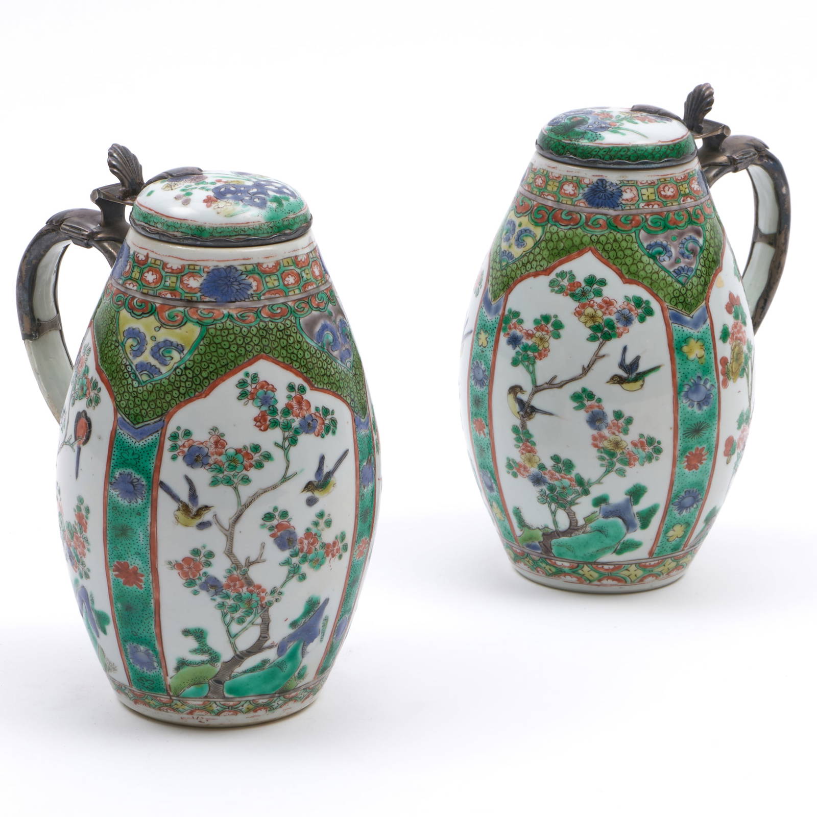 Pair Of Chinese Silver Mounted Famille Verte Porcelain Tankards Auction