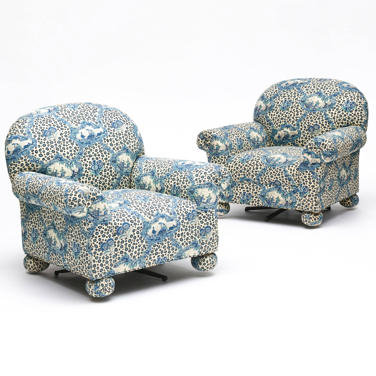 Pair Of Brunschwig & Fils Blue Chinese Leopard Toile Upholstered Swivel ...