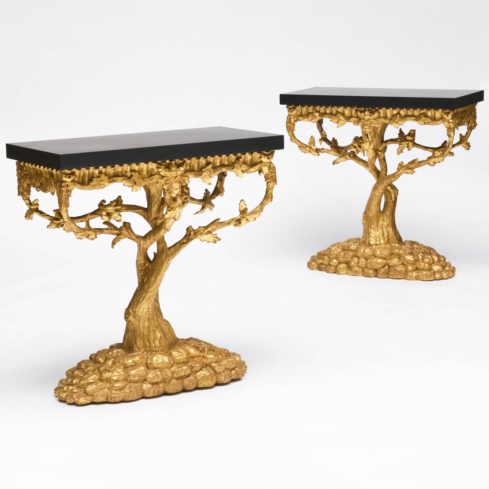 Pair Of George Iii Style Giltwood Tree-form Consoles With Ebonized Wood ...