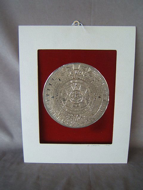 2327: E. CANUL HANDCHASED AZTEC CALENDER -SILVER???