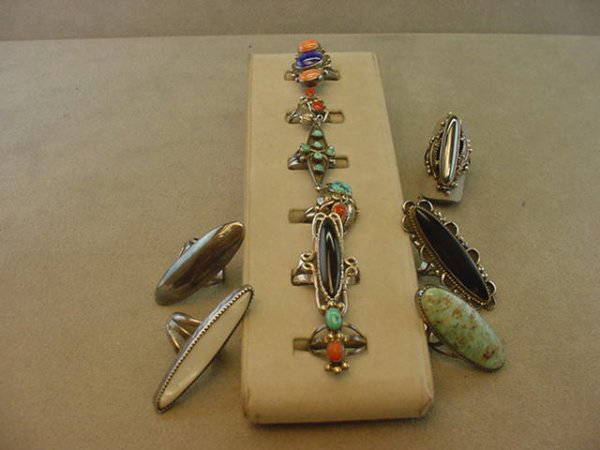 11 Indian Silver Rings Set With Turq, Coral, Mop
