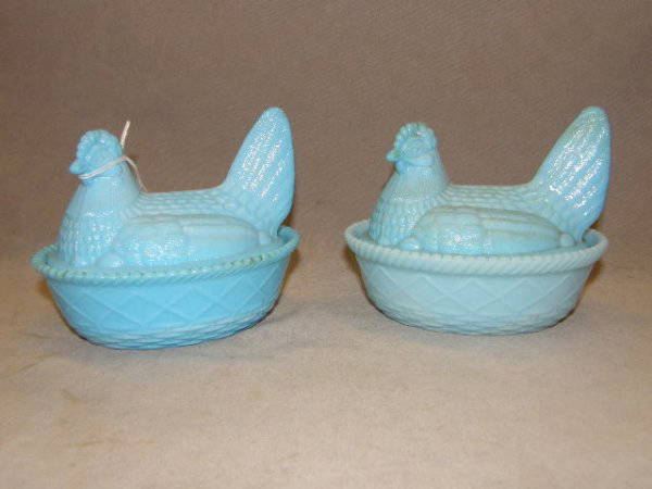 2 Blue Glass Hens On Nests