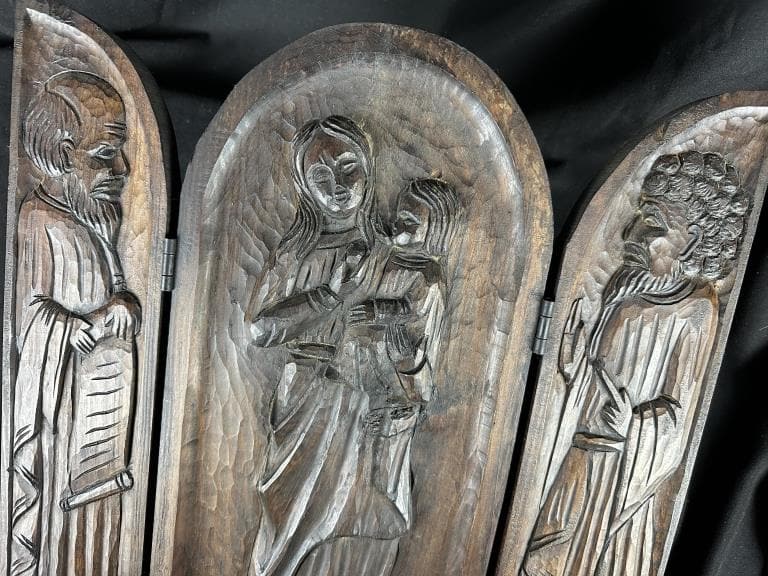 Antique Spanish Carved Triptych Portable Altar Auction