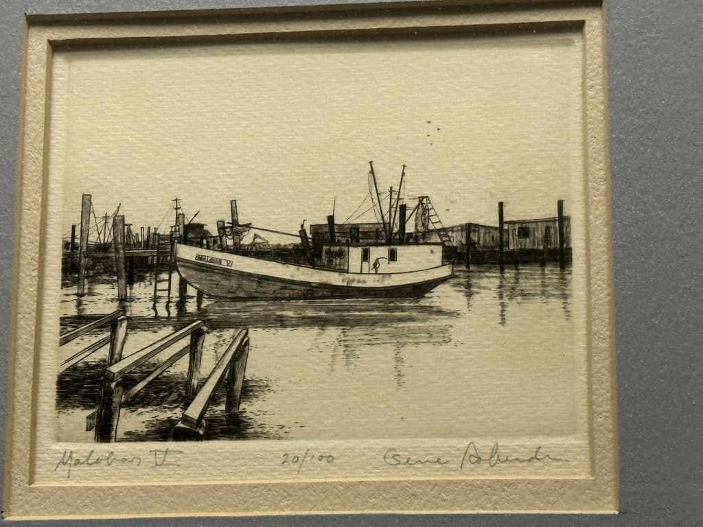 Nautical Harbor Boat Etching Signed Gene Roberds Auction