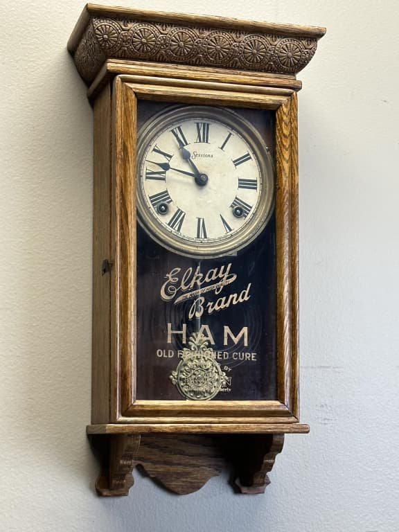 Antique Sessions Wall Clock Advertisement On Case Auction
