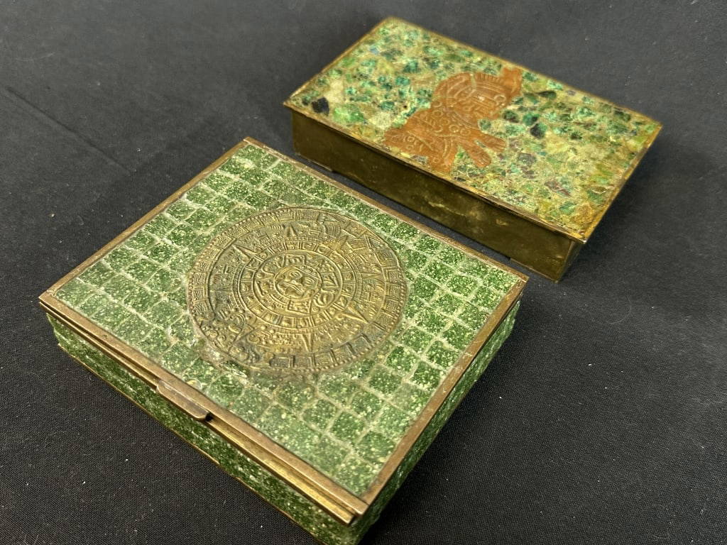 Two Intricate & Unique Inlayed Stone & Metal Boxes Auction