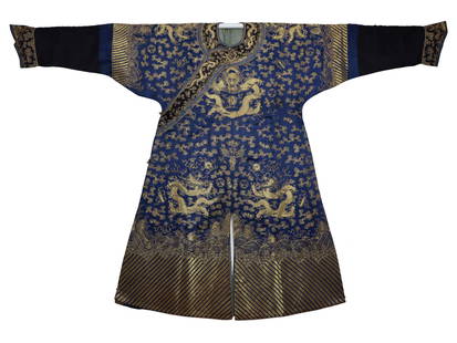 A Blue Ground Gold Couched Dragon Robe