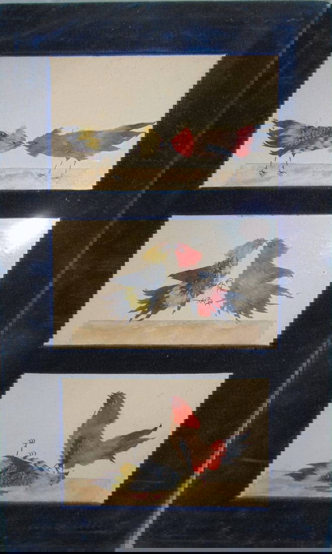 Triptych Cock Fight In Velvet Frame Auction