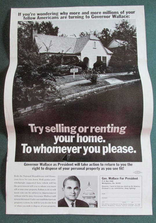 George Wallace Segregated Housing Poster 1968 Auction