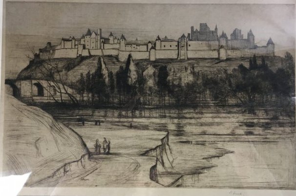 Hester Frood etching of Carcassonne France