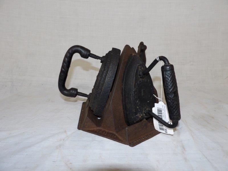 Cast Iron Sad Iron Holder With 3 Unmatched Sad Irons