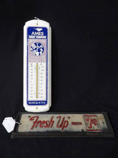 Fresh Up 7up Sign & Ames Thermometer