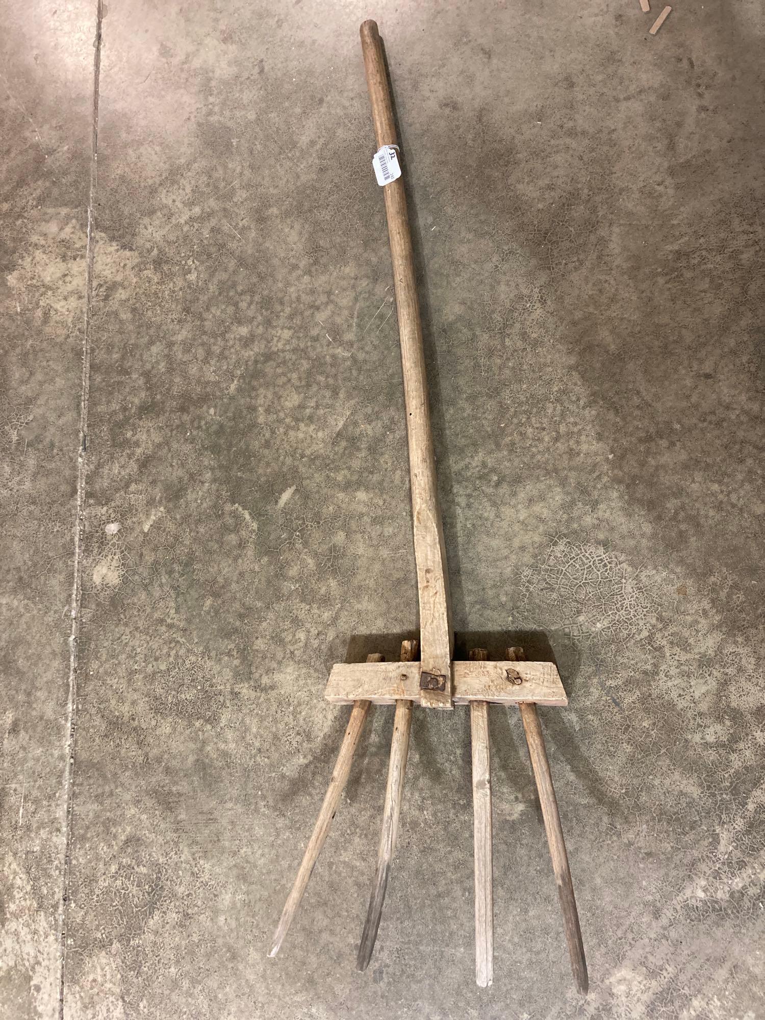 Primitive Hand Carved 4 Tine Hay Fork Farm Tool