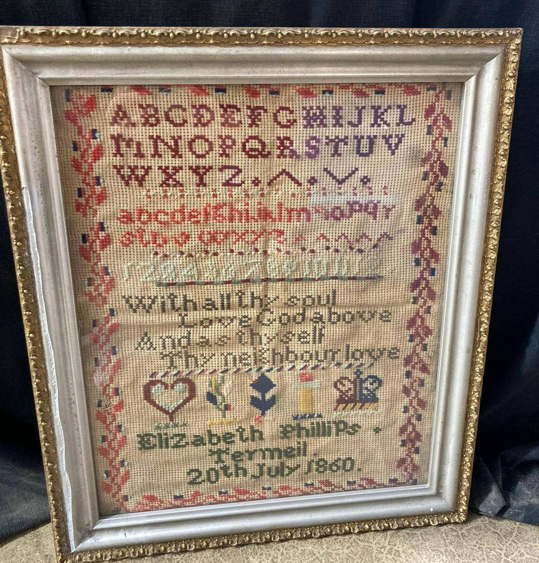 1860 Lancaster, Pa Alphabet Framed Sampler Auction