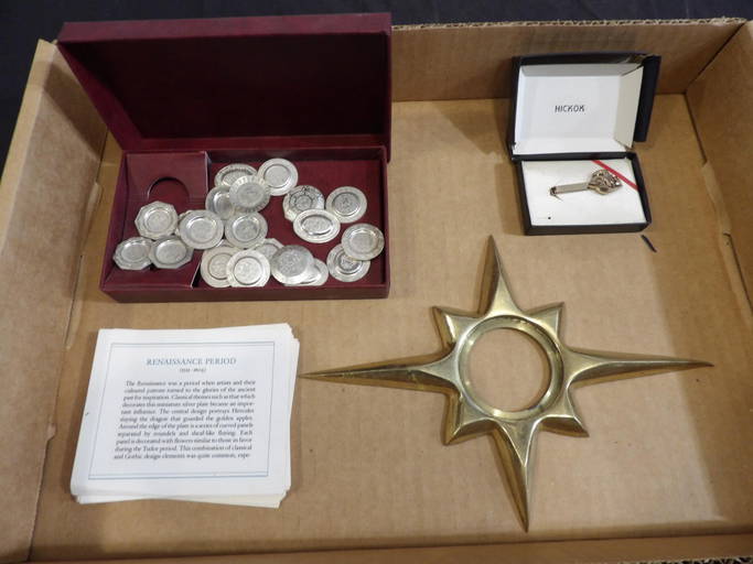 English Silver Miniature Plate Collection, Hickok Tie Clip And Brass Star