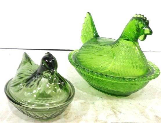 Green Glass Hen On Nests
