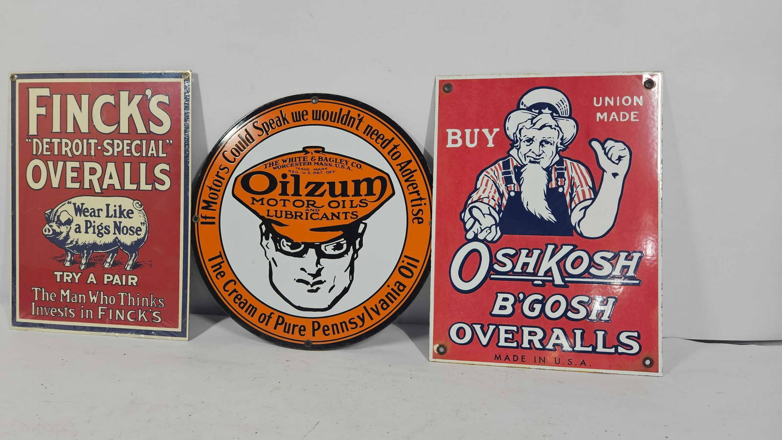 Oilzum, Osh Kosh, And Finck's Overalls Porcelain Signs Auction