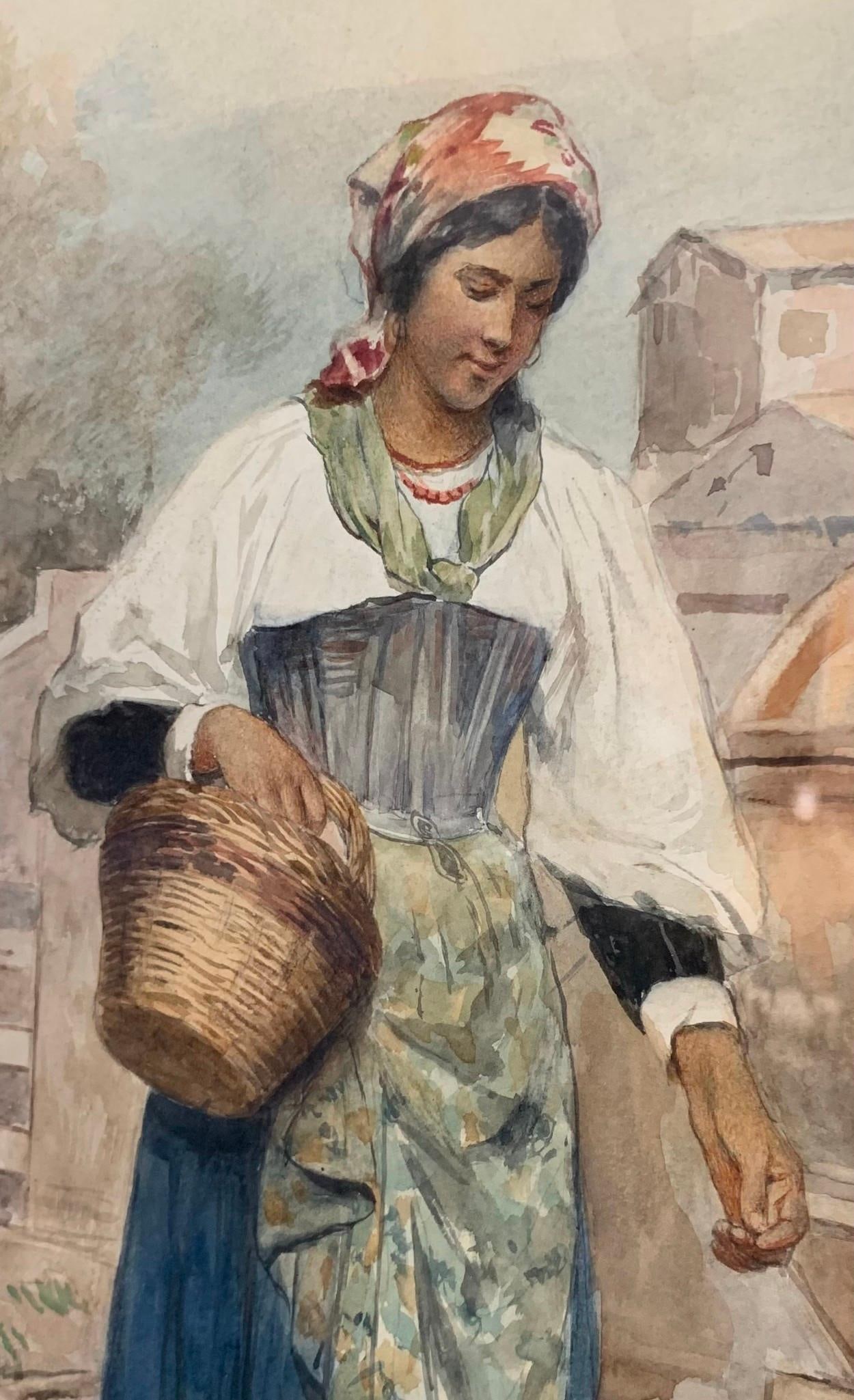 Antique Augusto Bompiani Italian Maiden Watercolor Painting, Framed Art ...