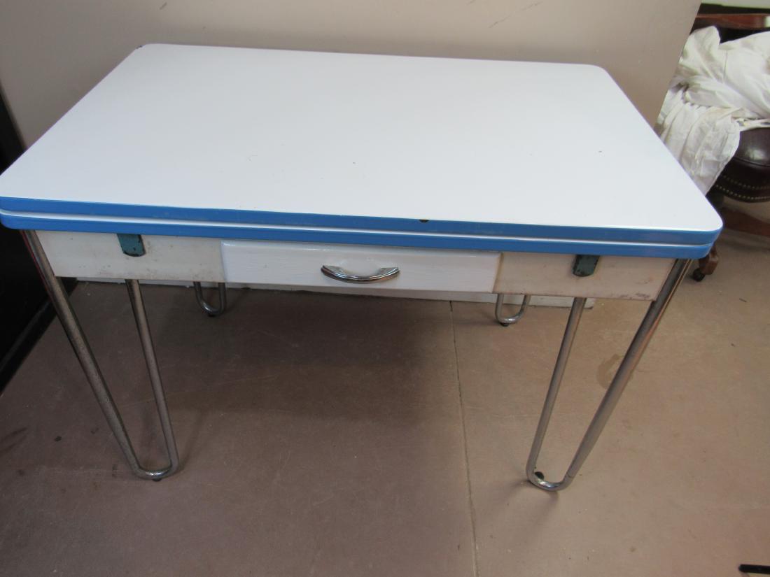 Vintage 1950's Blue and White Enamel Top Table