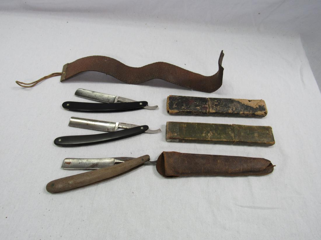 Lot of 3 Antique Straight Razors and Leather Strop