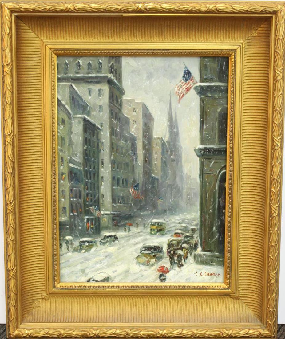 Signed C.c. Cooper Winter City Scene, Oil