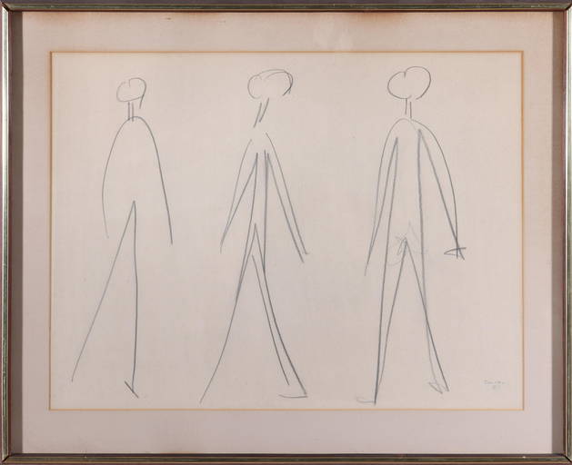 Mid Century Modern "stick Figures" Pencil Drawing