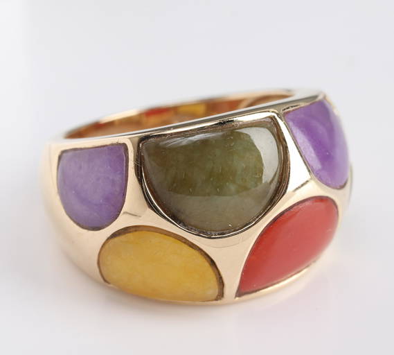 14k Yellow Gold & Multi Colored Jade Inlay Ring