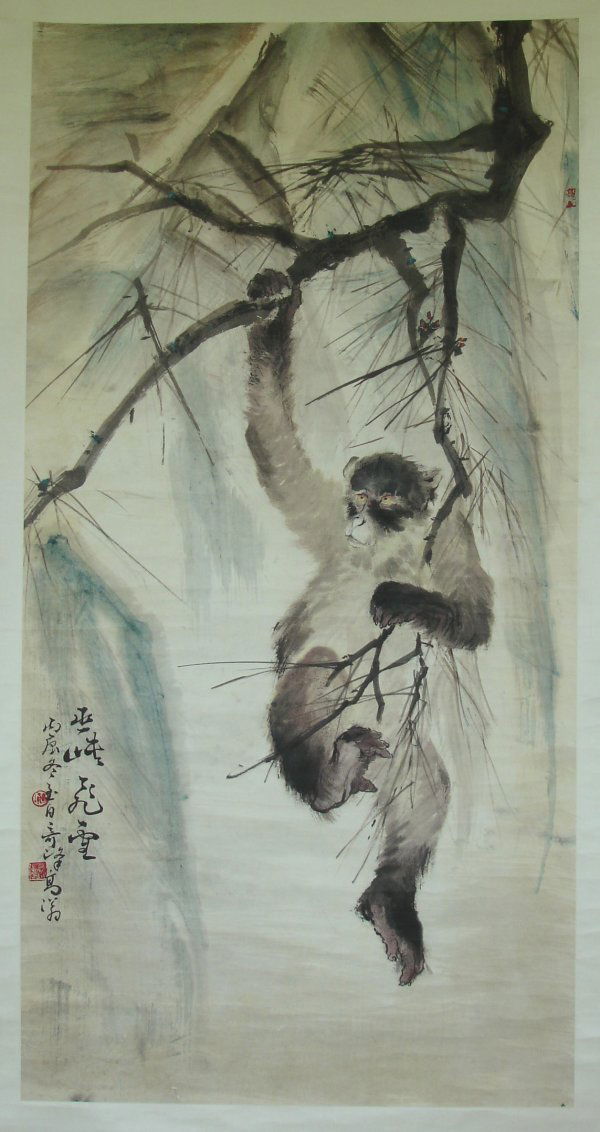 13: Chinese Scroll Monkey Hanging from Branch