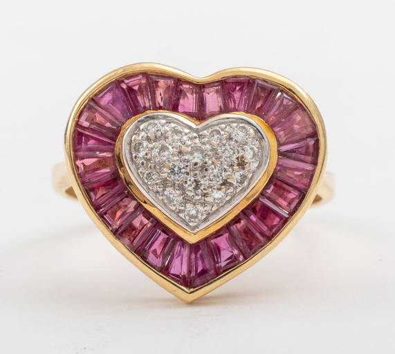 14k Gold Ruby Diamond Heart Motif Ring Size 7