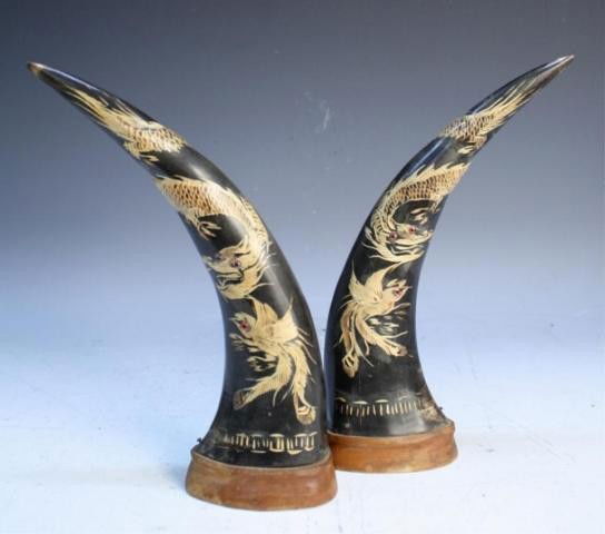 301: Japanese Pair of Carved Horns with Dragons