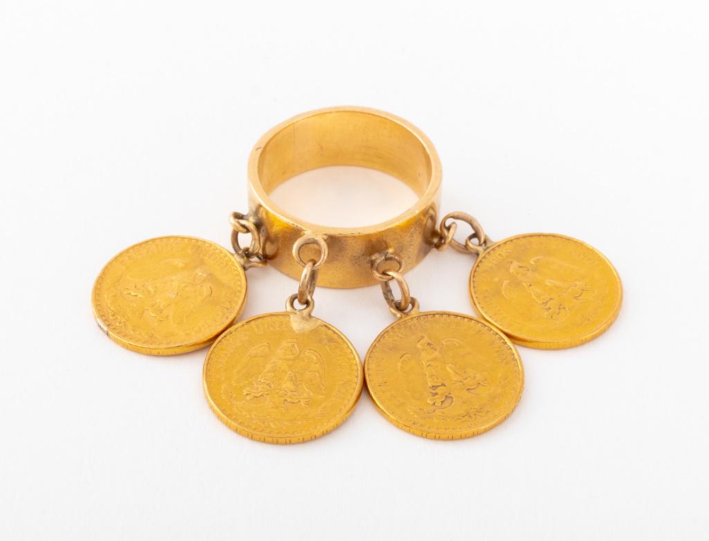 18k Yellow Gold Ring With Dangling Mexican Coins Auction