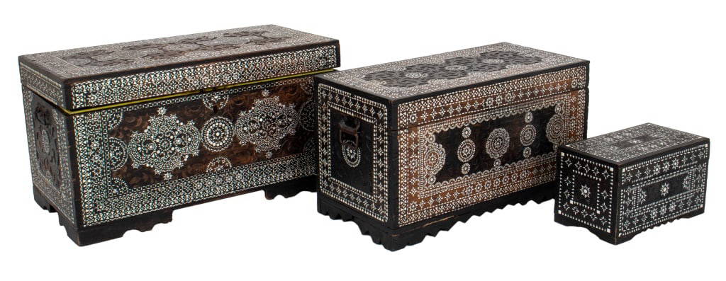 Three Syrian Walnut And Bone Inlaid Chests Auction