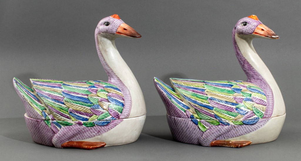 Chinese Export Goose Form Tureens, Pair Auction
