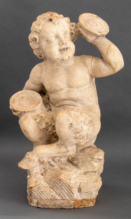 Composite Stone Faun With Symbols Sculpture Auction