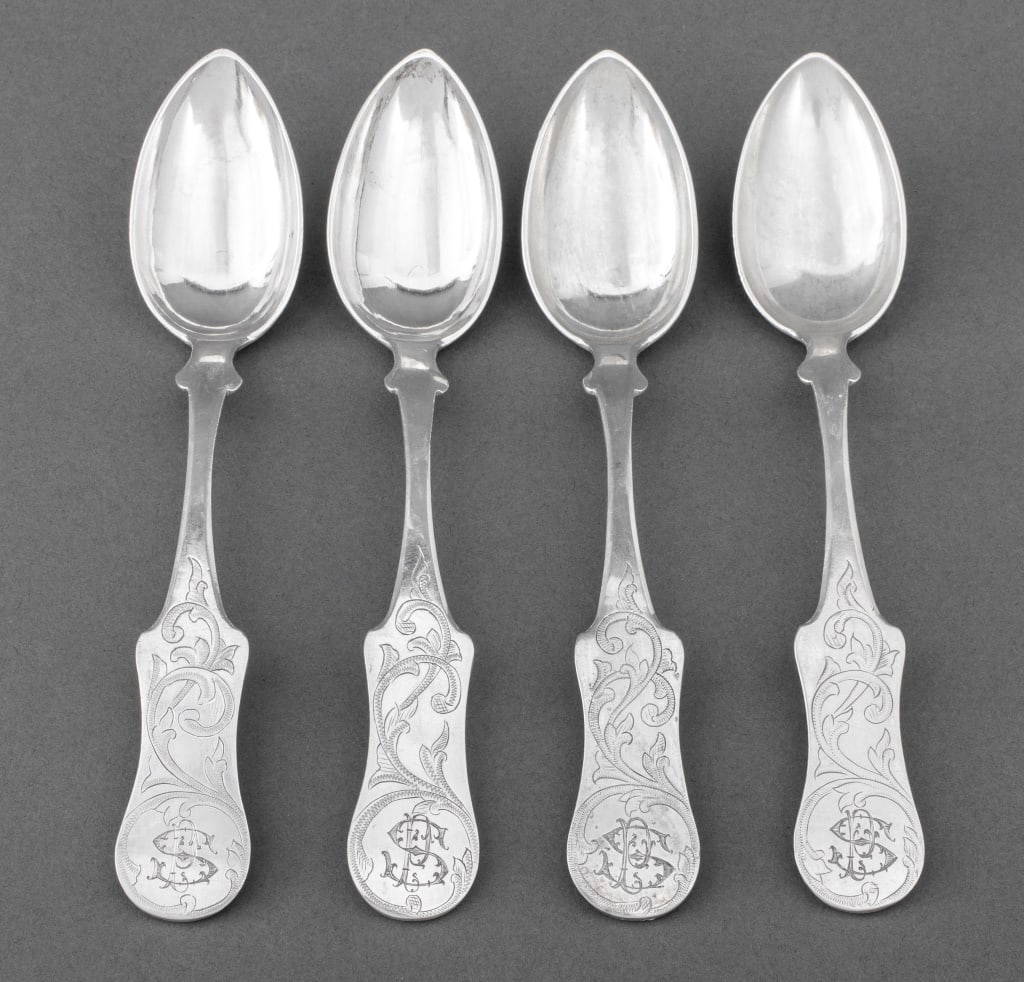 German Silver Engraved Fiddle Back Spoons, 4 Auction
