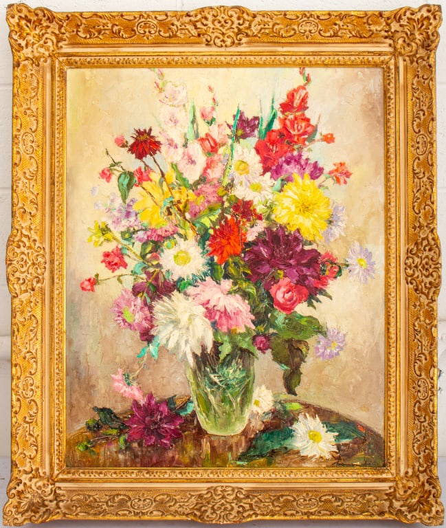 Illegibly Signed Floral Still Life Oil On Canvas Auction