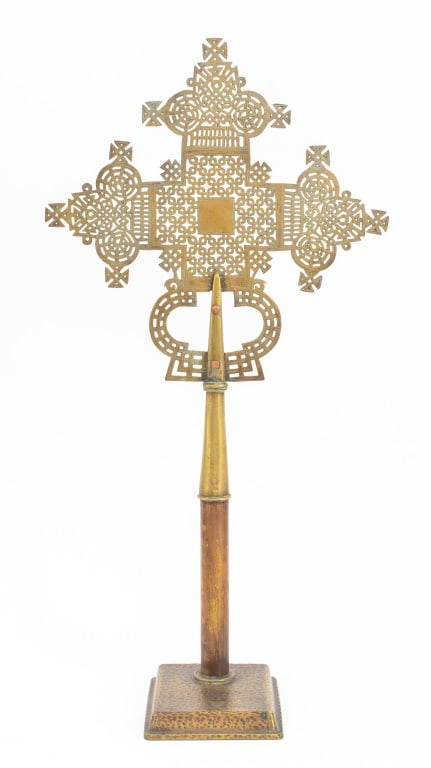 Coptic Processional Brass Cross On Planished Stand Auction