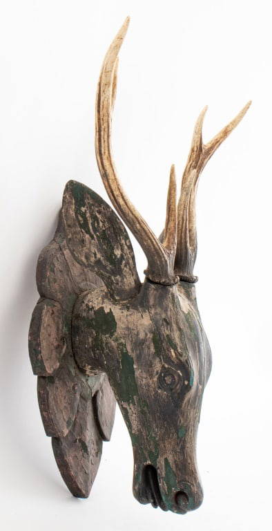 Folk Art Hand-carved Wood Stag Bust With Antlers Auction