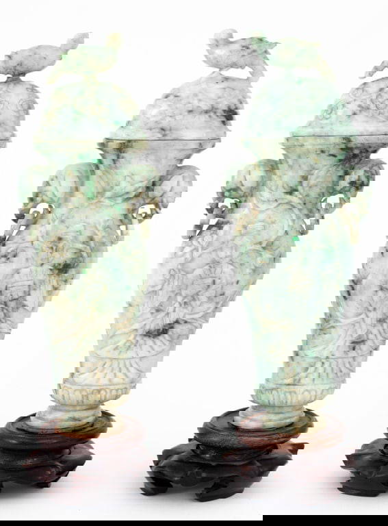 Chinese Carved Greenstone Covered Urns, Pair Auction