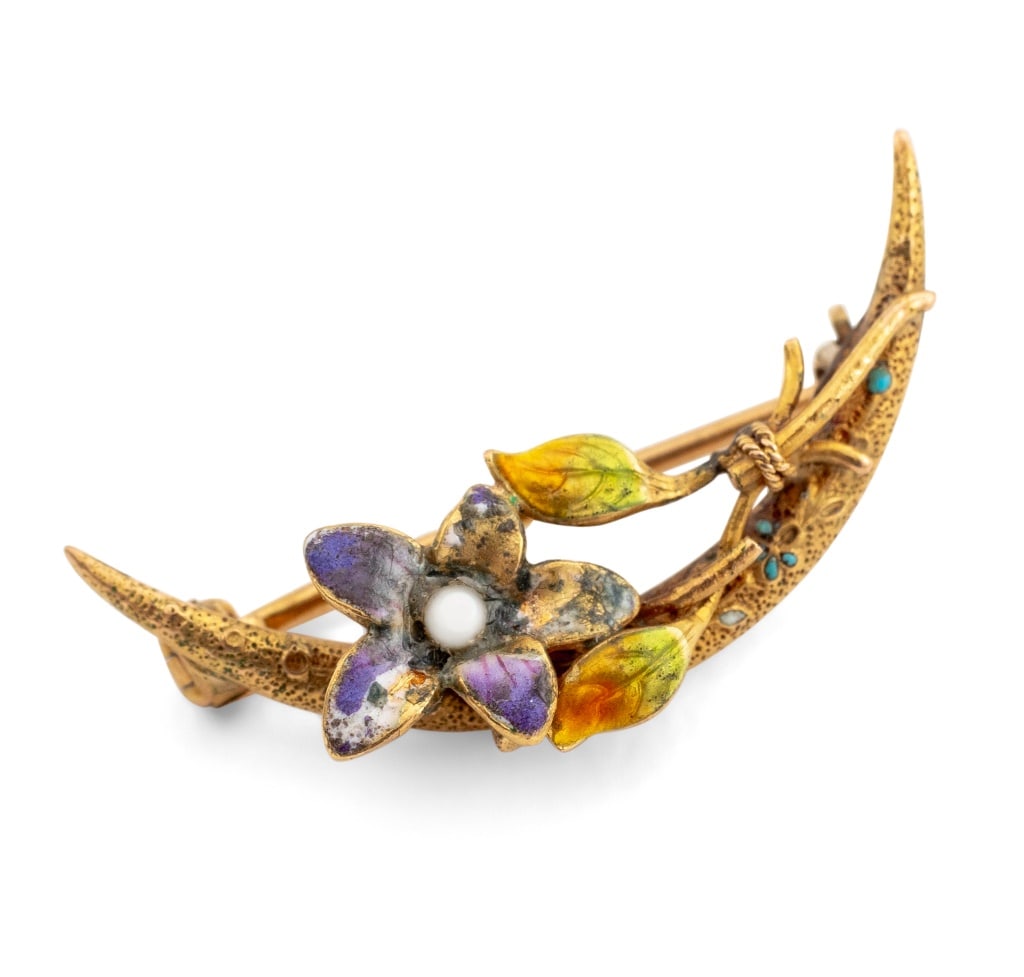 Art Nouveau 14k Yellow Gold Enamel Pearl Pin Auction