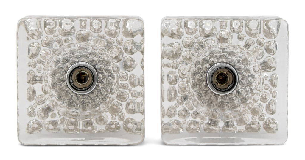 Modern Square Ice Block Glass Wall Sconces, Pair Auction
