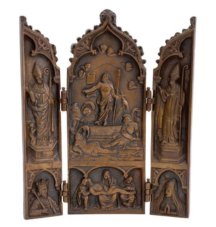 Gothic Revival Bronze Relief Triptych, Ca. 1900 Auction