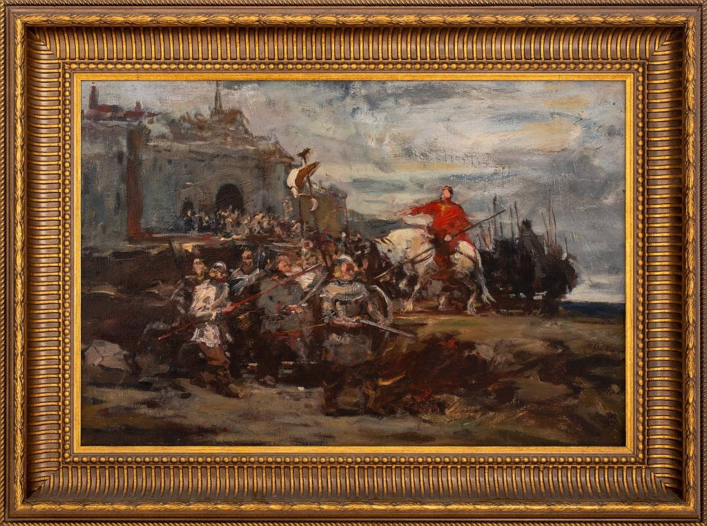 Eric Rebane "battle" Oil On Canvas, 1950s Auction