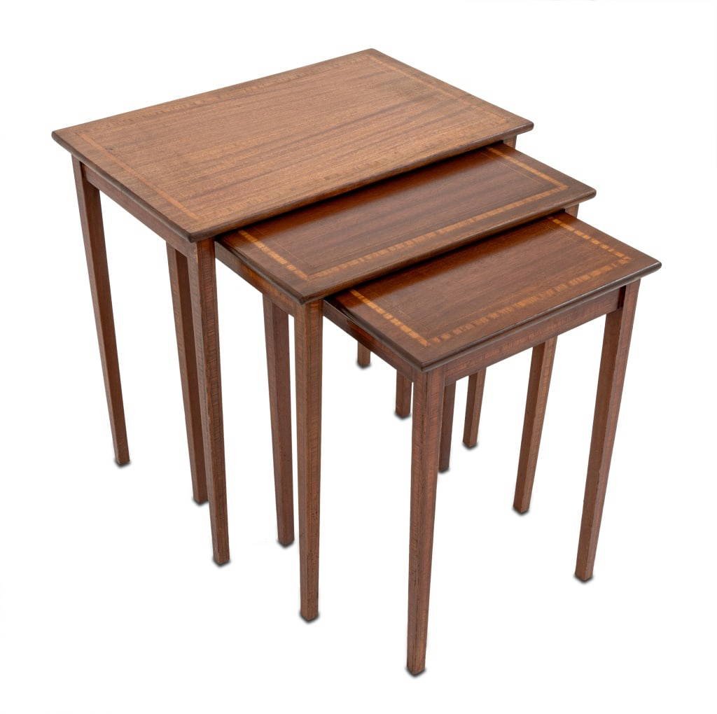 Satinwood Inlaid Walnut Nesting Tables, 3 Auction