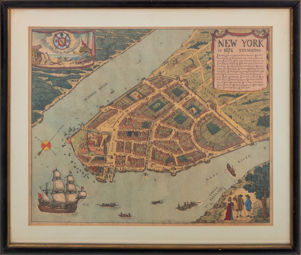 American School Map Of 1674 New York Lithograph Auction