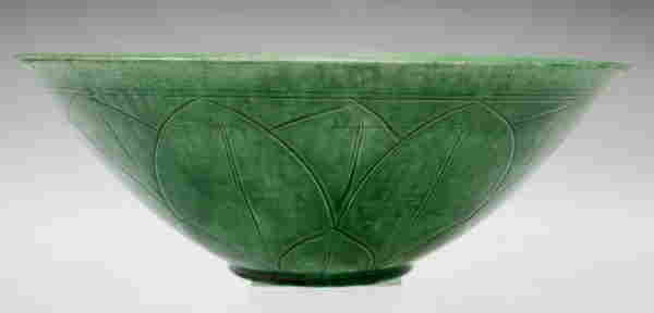 Chinese Jizhou Ware Melon Green Bowl w/ Fish