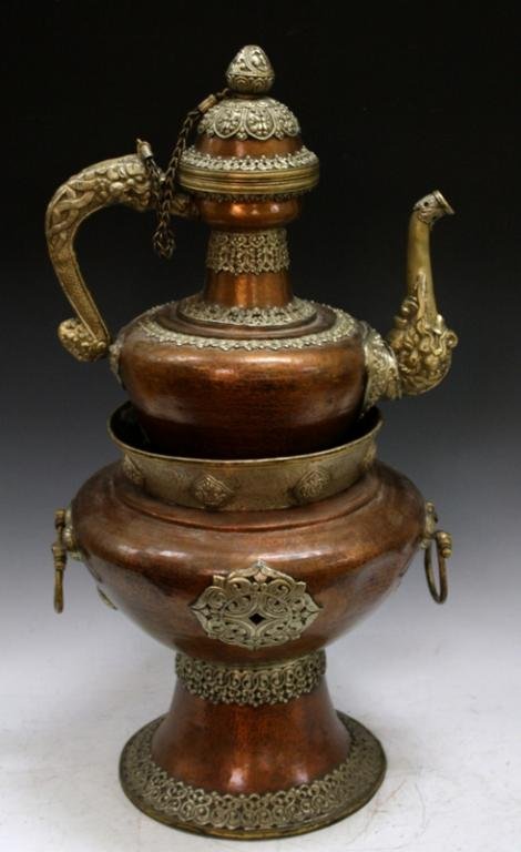 Tibetan Embellished Copper Tea Vessel With Boiler