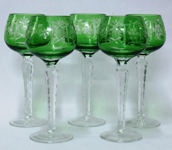 5 Bohemian Cut And Colored Crystal Hock Glasses