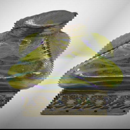 Art Nouveau Inkwell W/ Green Iridescent Glass And Brass Hinged Cover, 4 ...